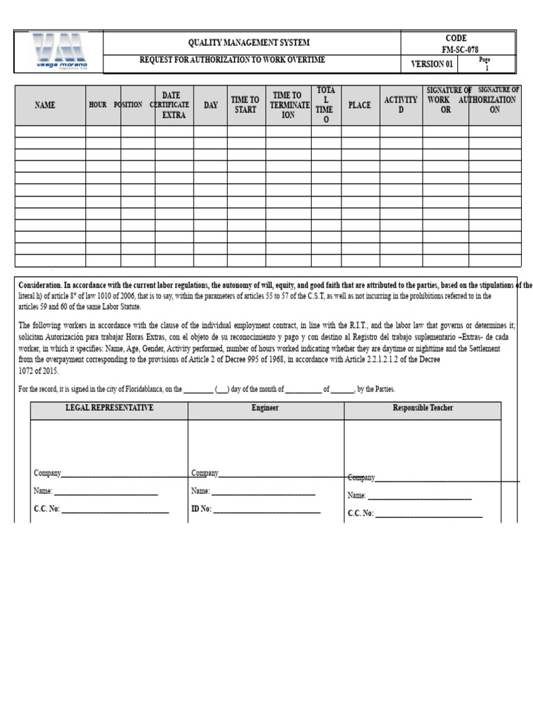 Overtime Work Authorization Request Form | PDF | Overtime | Labour Law