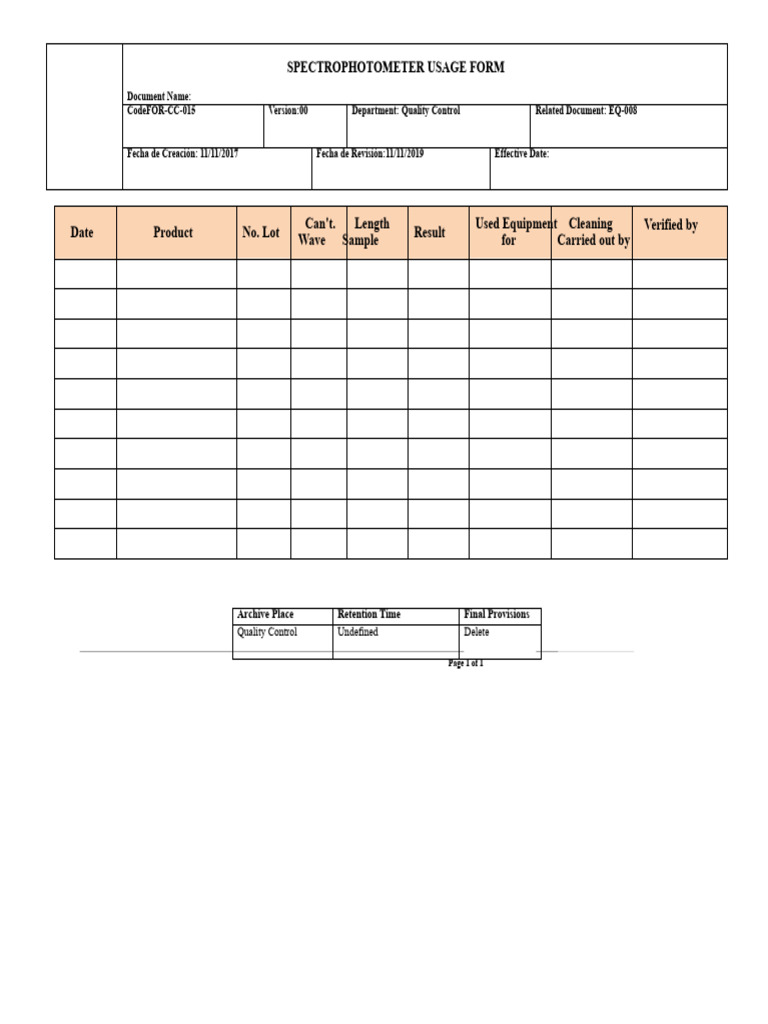 FOR-CC-015 Spectrophotometer Use Form | PDF