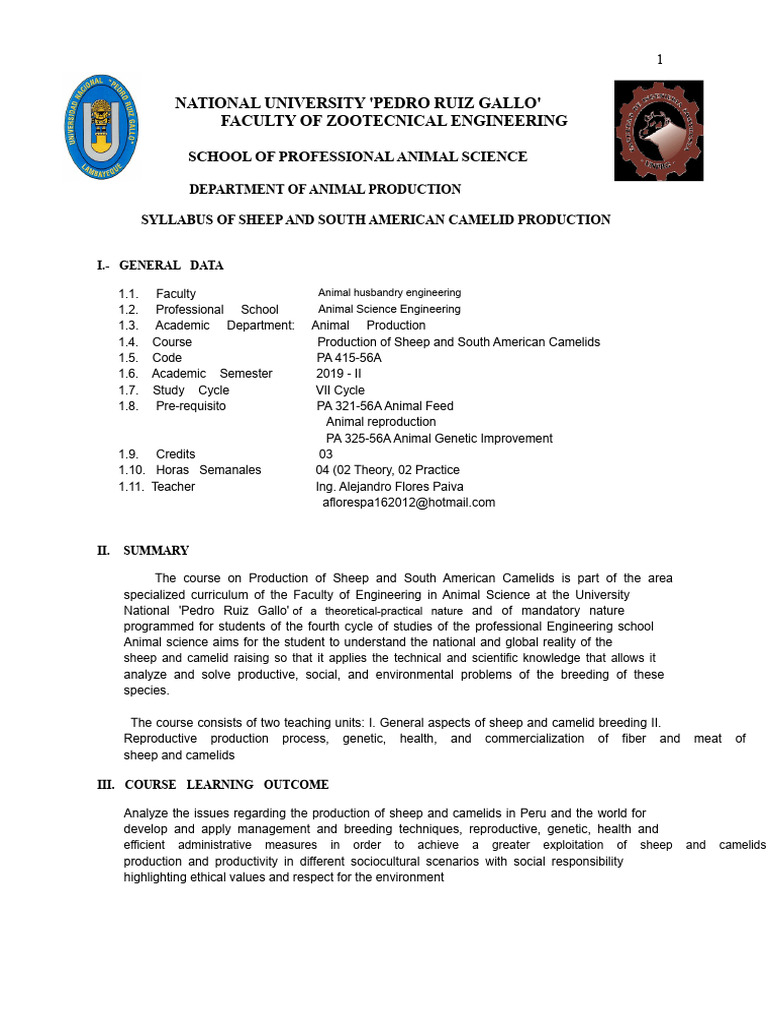 Syllabus of Production of Sheep and South American Camelids 2019-Ii ...
