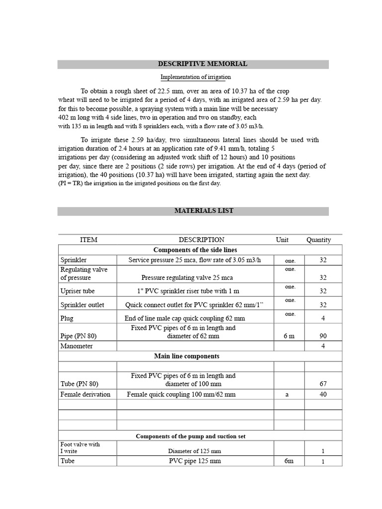 Descriptive Memorial Irrigation | PDF | Irrigation | Hydraulics