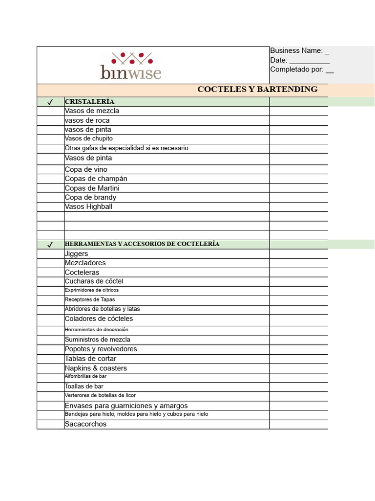 Lista de Verificación de Equipo de Bar | PDF | Cócteles | Bebida
