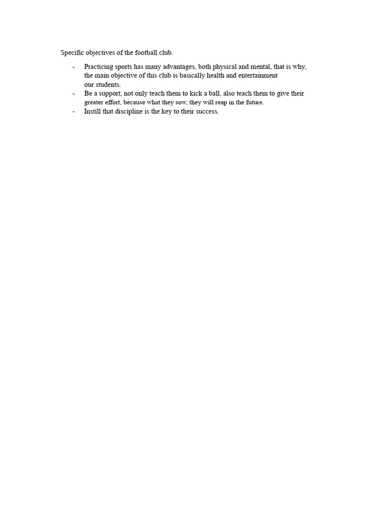 Football Club Objectives for Health & Discipline | PDF