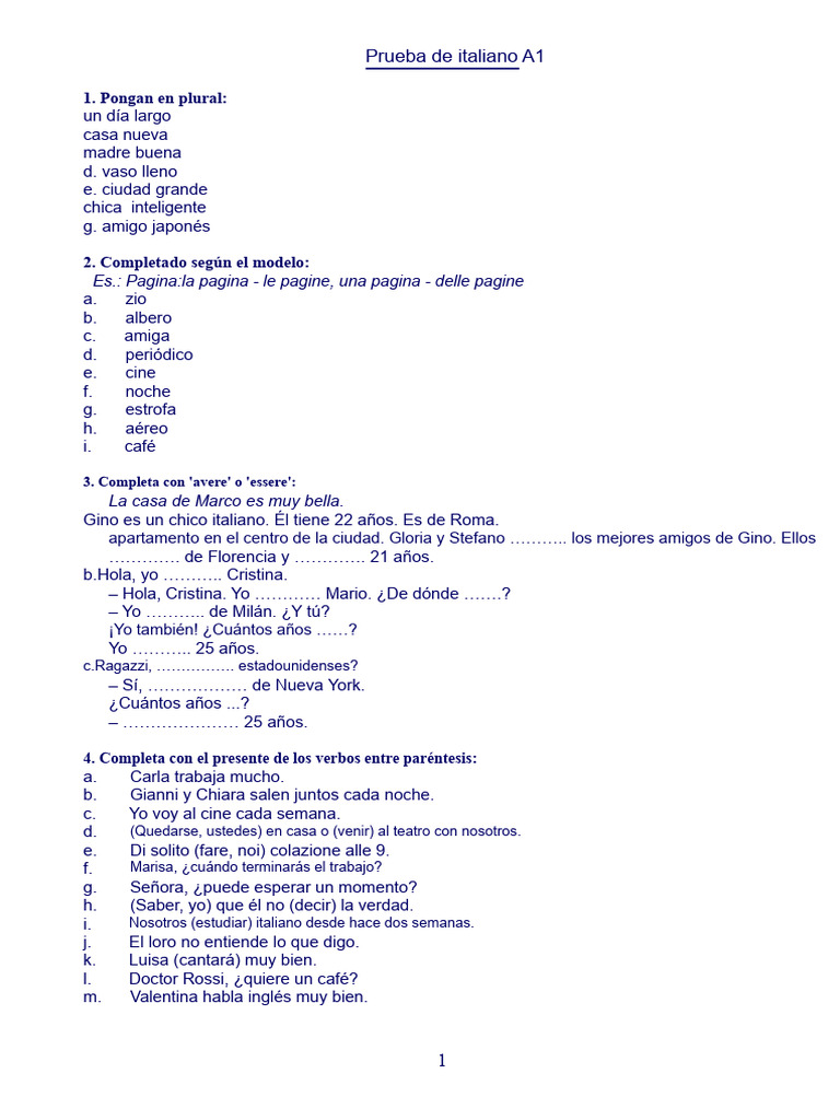 Prueba Italiano A1 Con Soluciones | PDF