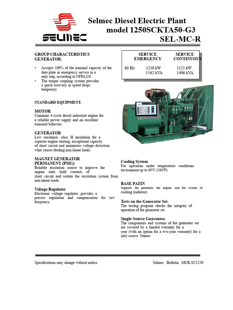 1250 kW Selmec Diesel Generator Specs | PDF | Electric Generator ...