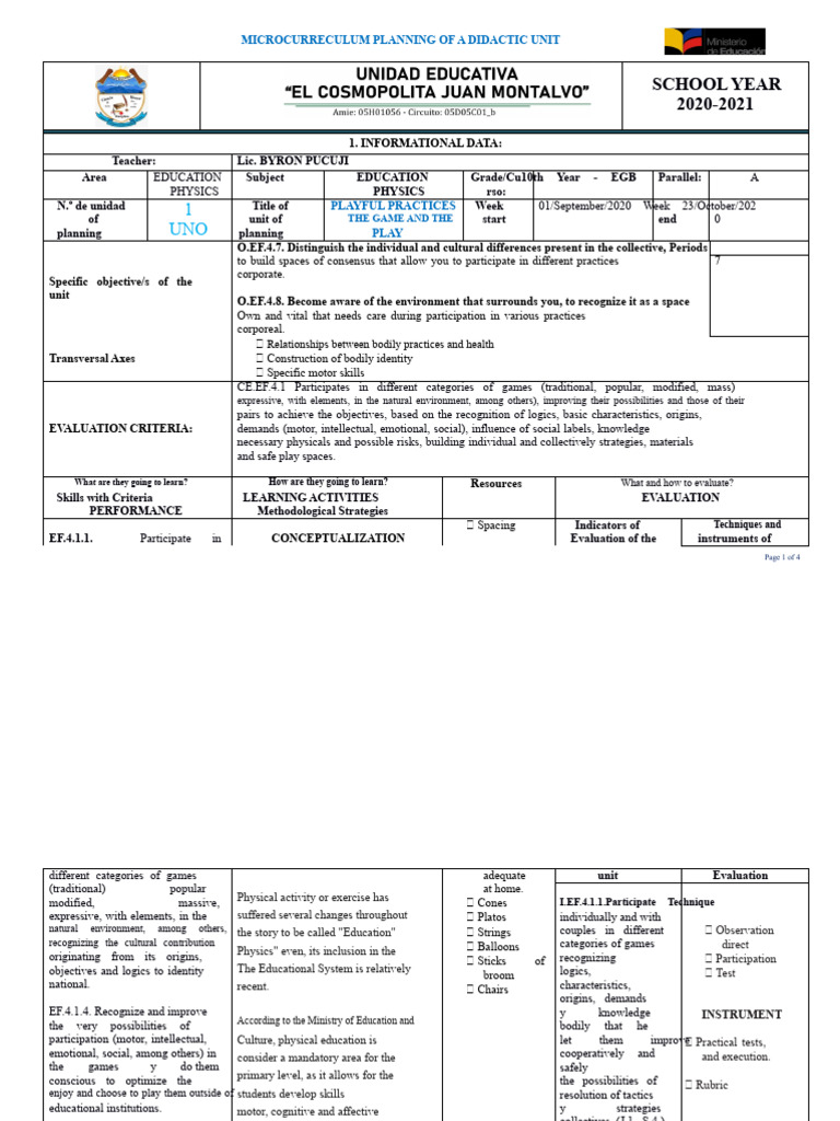 P.U.D.-Unit Plan PHYSICAL EDUCATION 10th GRADE | PDF | Psychology ...