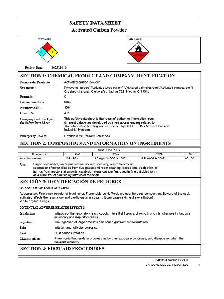 Activated Carbon Powder Safety Data Sheet | PDF | Combustion | Fires