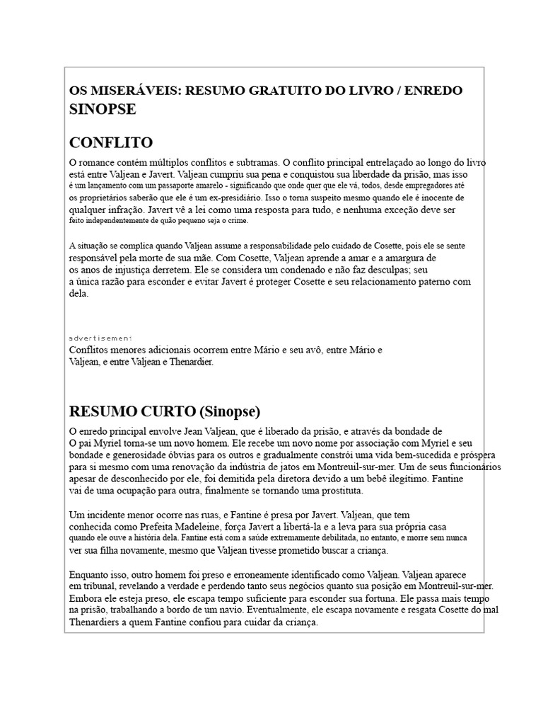 Resumo da Trama e Conflito de Os Miseráveis | PDF | Cosette | Os Miseráveis