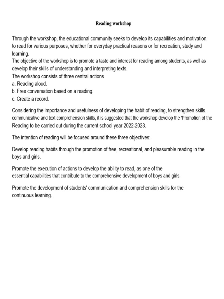 Reading Workshop for Student Development | PDF | Reading Comprehension ...