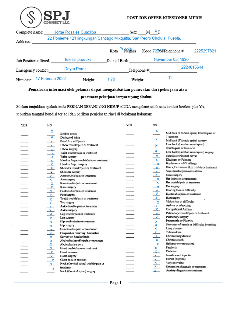 KUESIONER MEDIS SPJ CONNECT LLC (1) Jorge | PDF