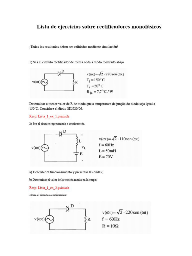Lista de Ejercicios Sobre Rectificadores Monofásicos | PDF ...