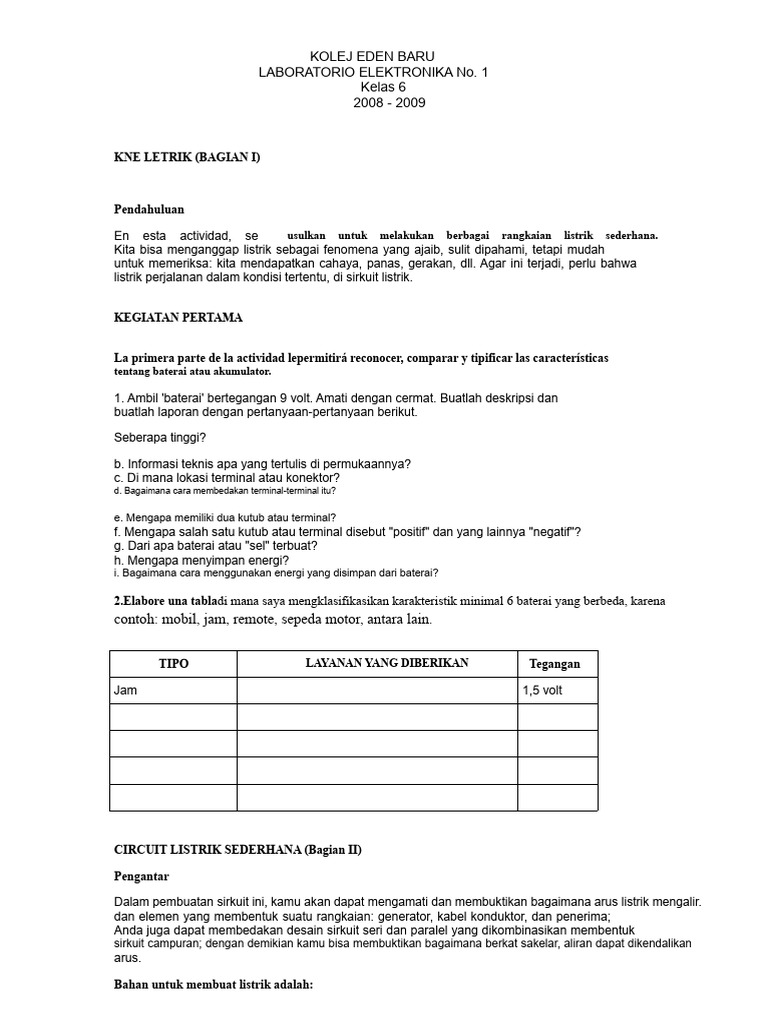 CIRCUIT LISTRIK No. 1 KELAS 6° | PDF