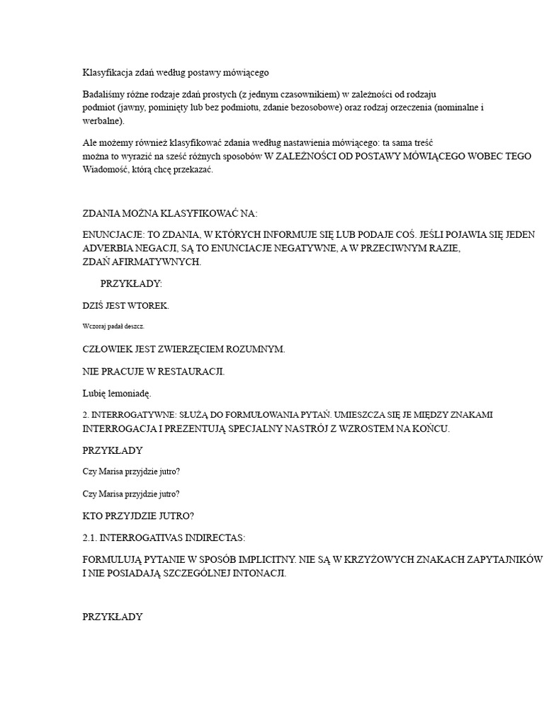 Klasyfikacja Zdań Według Postawy Mówiącego | PDF