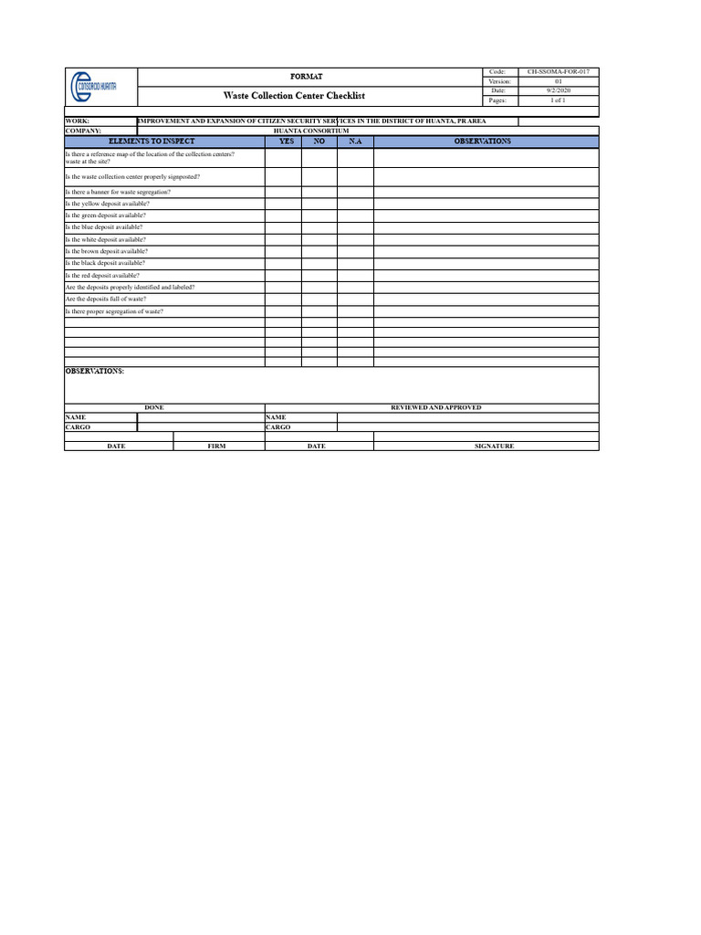 FORMAT 017 - Checklist For Waste Collection Center | PDF