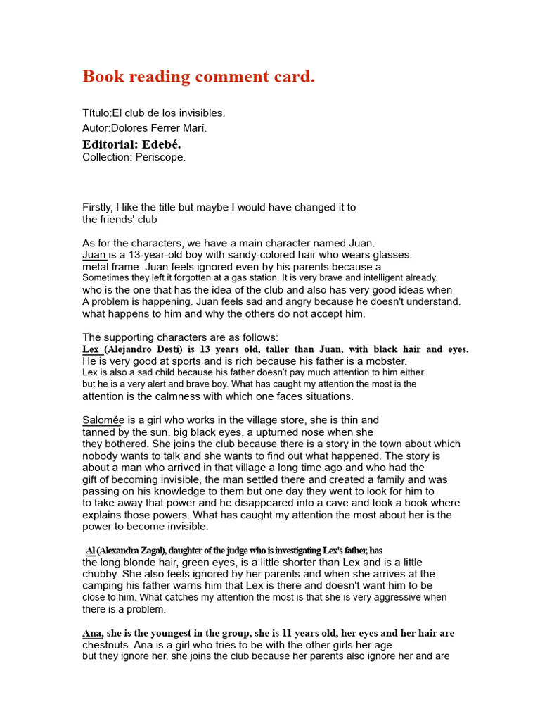 Reading Book Comment Sheet | PDF