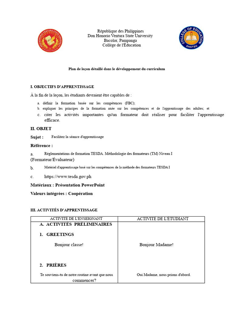 Plan de leçon sur la formation basée sur les compétences | PDF ...