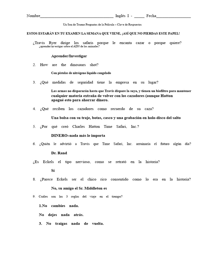 Clave de Respuestas para Preguntas de La Película "Un Sonido de Trueno ...