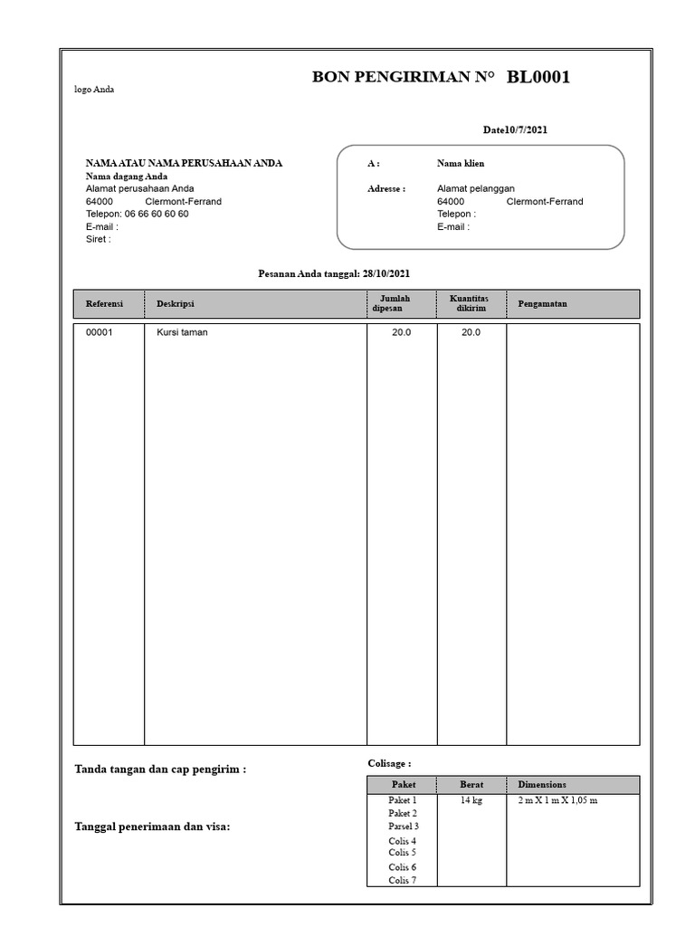 Bon Pengiriman Kosong Untuk Dicetak Excel | PDF
