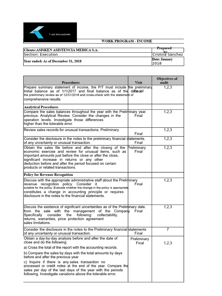 Income Audit Work Program 2018 | PDF | Audit | Accounting