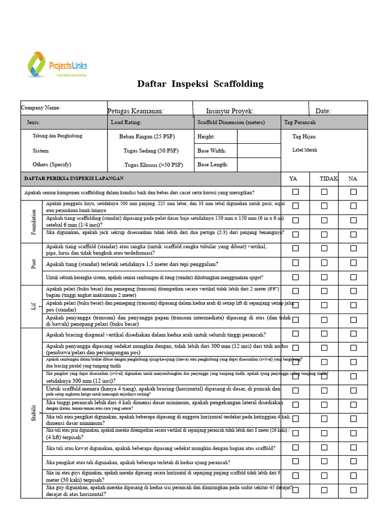 Daftar Periksa Inspeksi Scaffolding | PDF