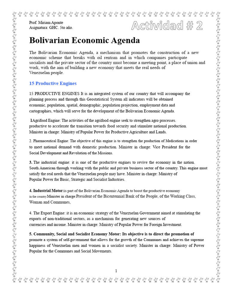 5th Year. Bolivarian Economic Agenda. GHC Prof. Miriam Aponte Activity ...