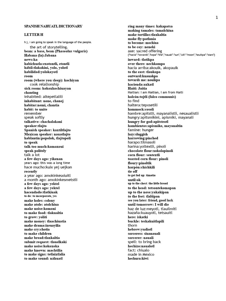 Spanish Nahuatl Dictionary - Letter h | PDF