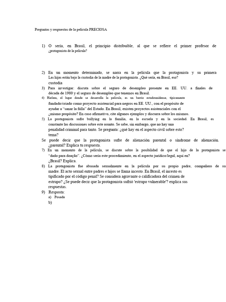 Preguntas y Respuestas de La Película PRECIOSA | PDF