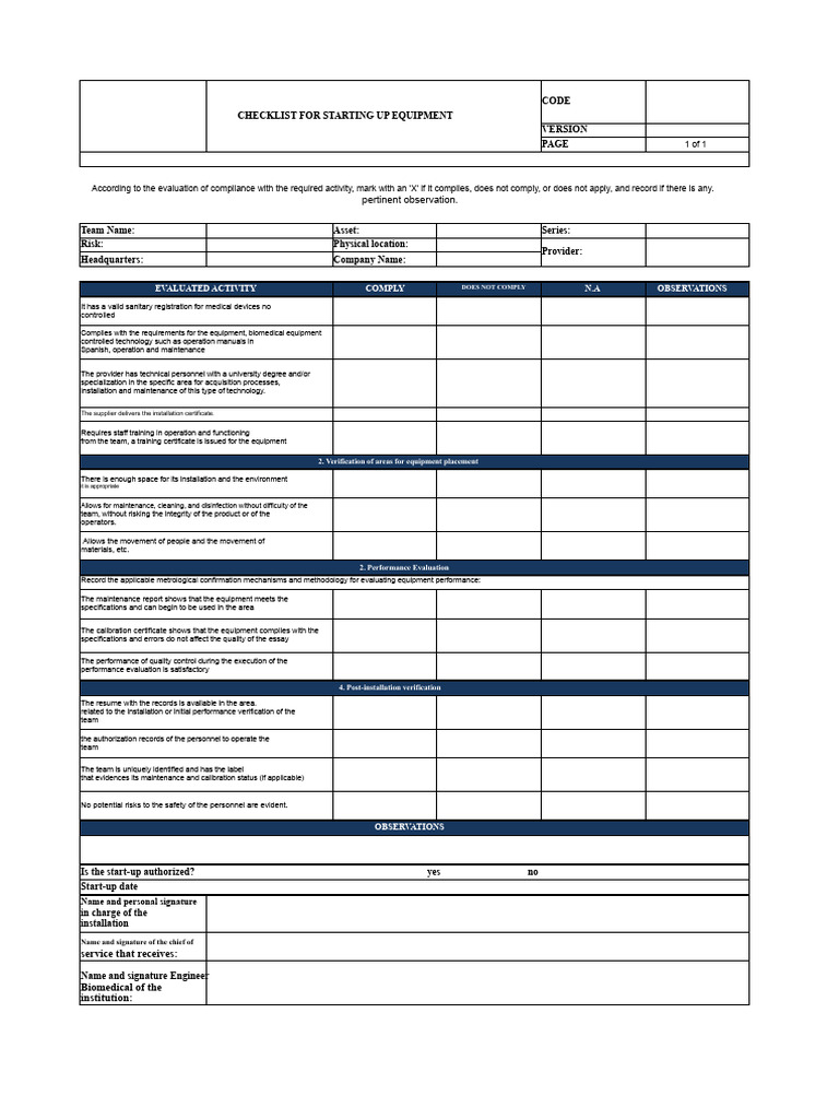 checklist for the startup of Biomedical Equipment | PDF | Verification ...