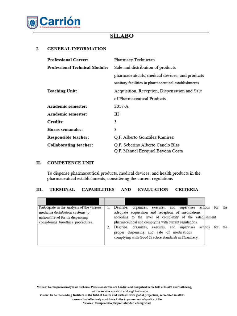 Syllabus For Acquisition, Reception, Dispensing, and Sale of ...