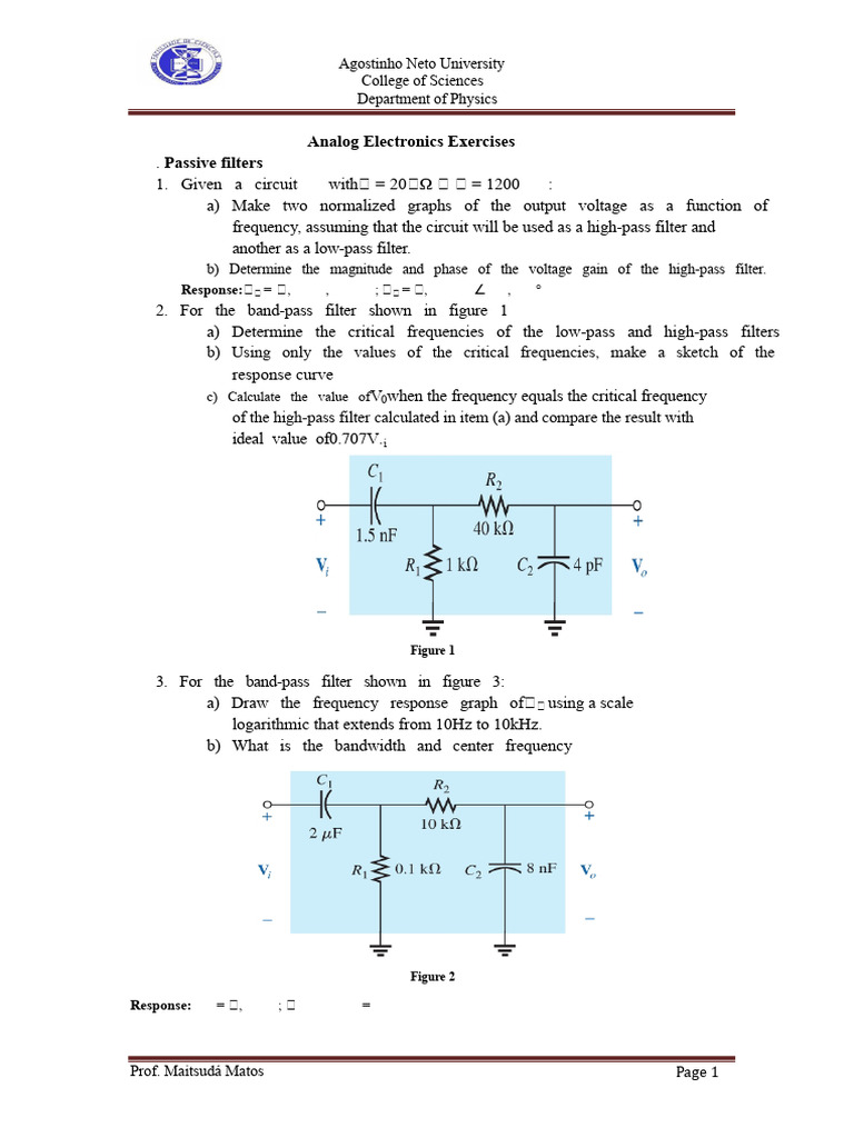 Analog Electronics: Passive Filter Exercises | PDF | Low Pass Filter ...