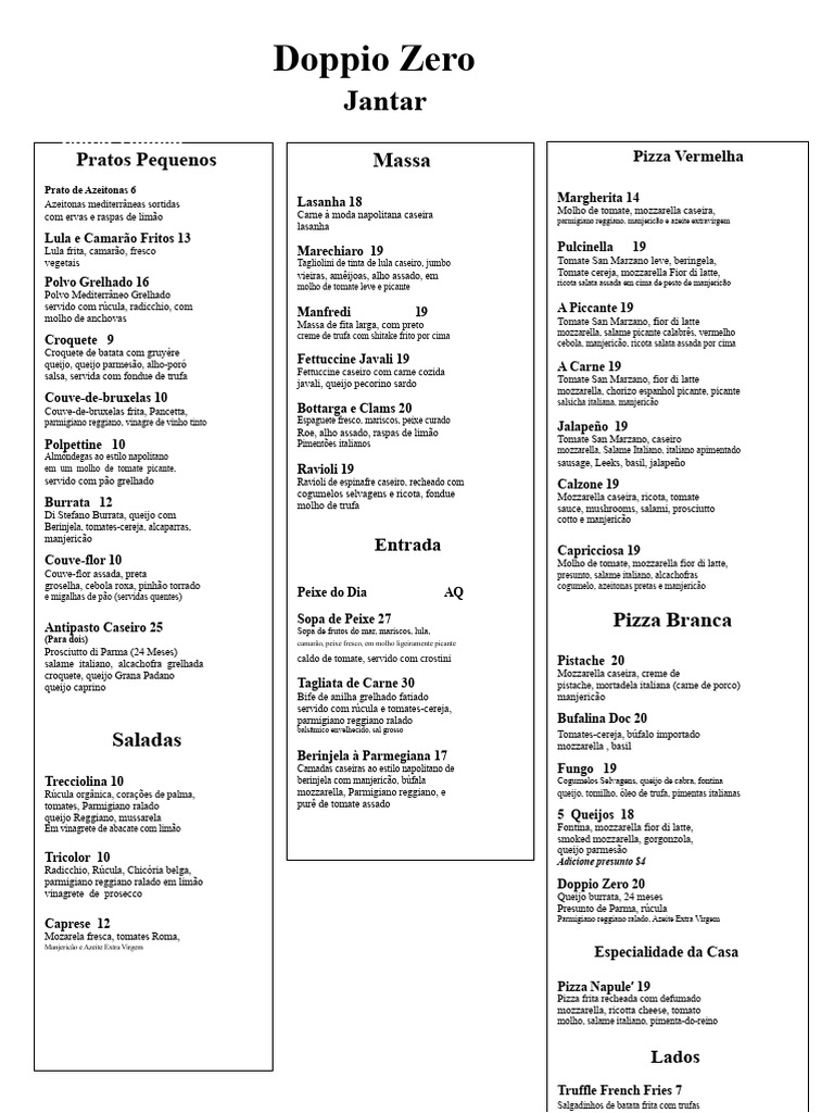 Menu de Jantar Doppio Zero: Pratos Italianos | PDF | Pizza | Queijo