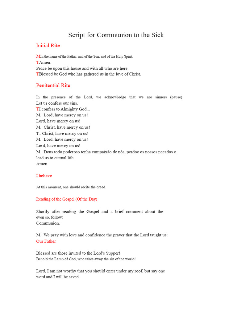 Communion Script for the Sick | PDF | Eucharist | Eternal Life ...