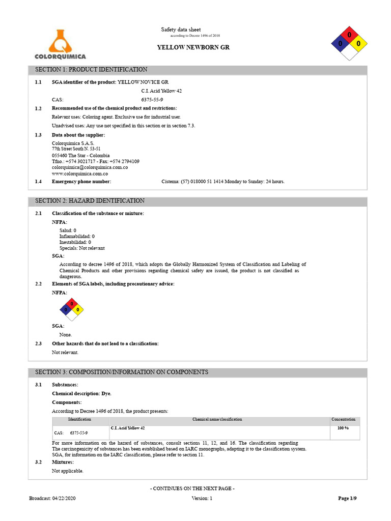 Material Safety Data Sheet of YELLOW NOVACID GR | PDF | Dangerous Goods | Personal Protective ...