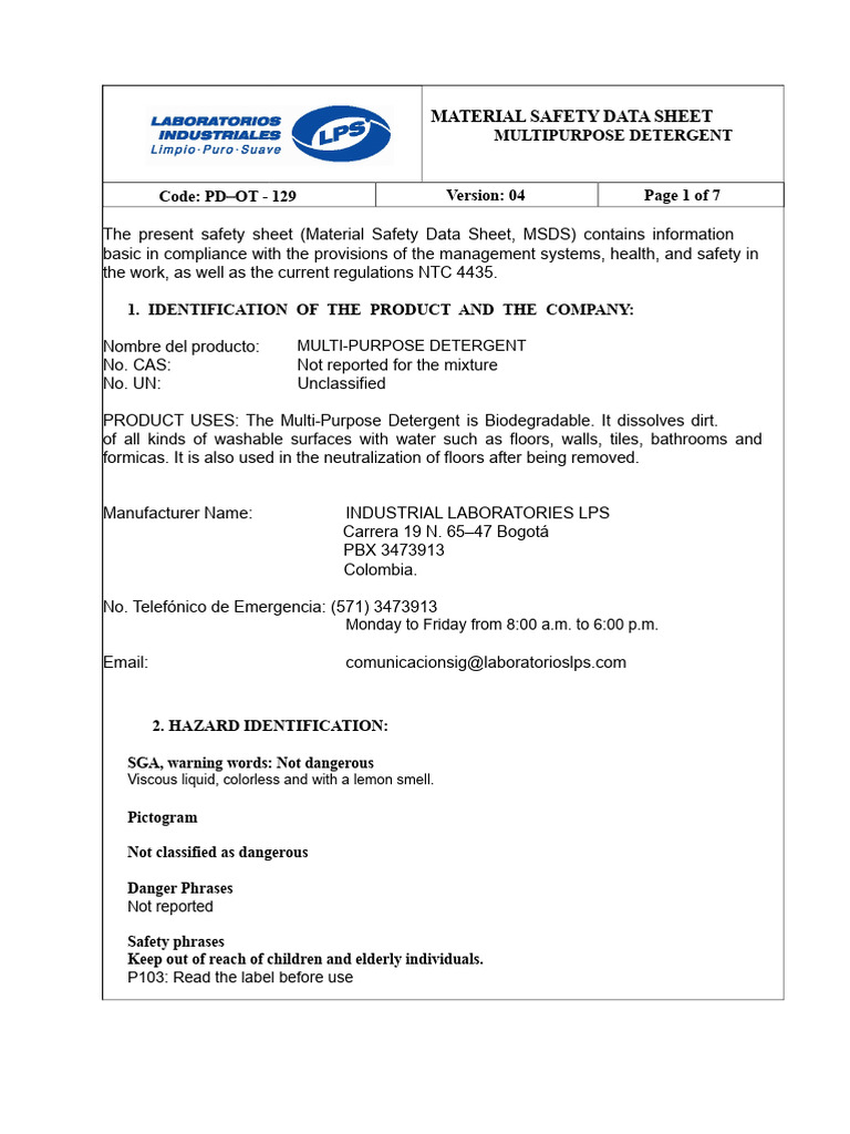 Multi-Purpose Detergent MSDS Guide | PDF | Firefighting | Combustion