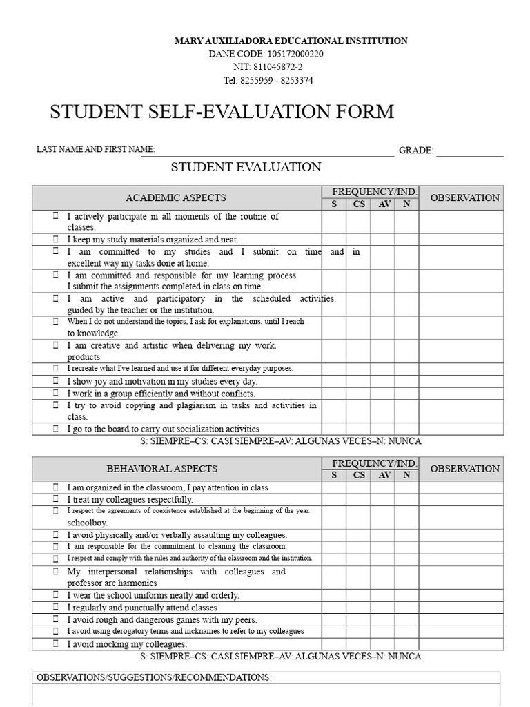 Self Evaluation Student PDF | PDF | Behavior Modification | Social Psychology