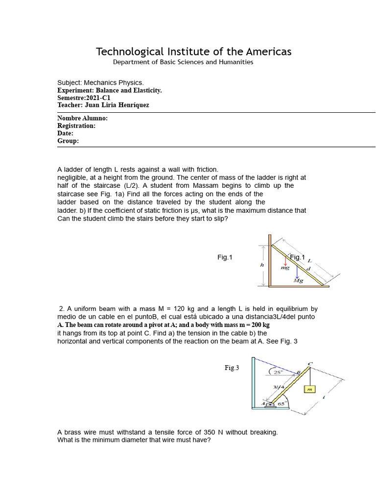 Practice 1. Balance and Elasticity. 2021-C1 | PDF | Force | Beam (Structure)