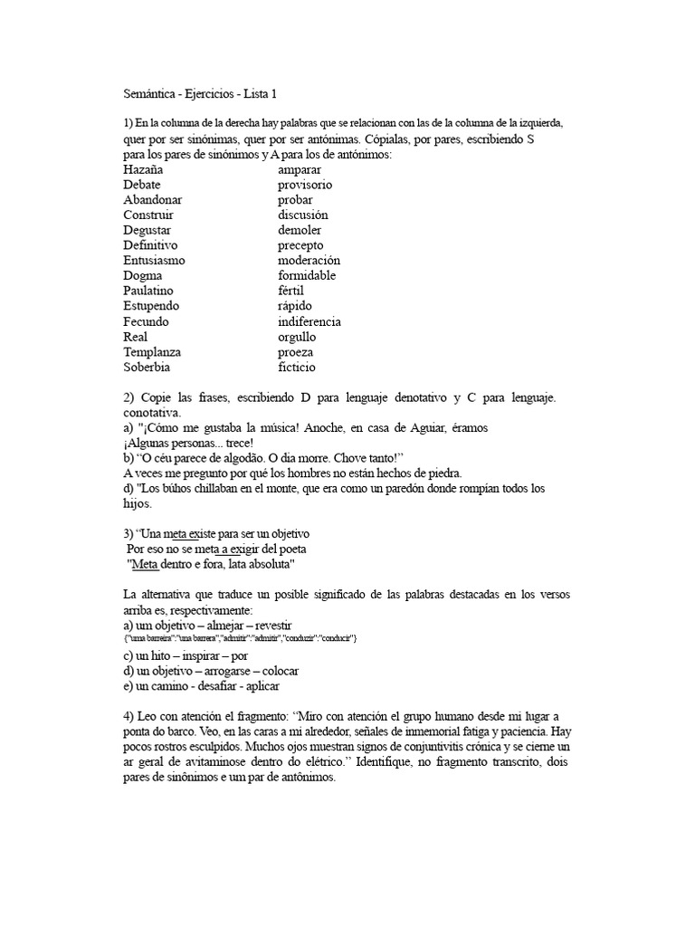 Ejercicios de Semántica: Sinónimos y Antónimos | PDF