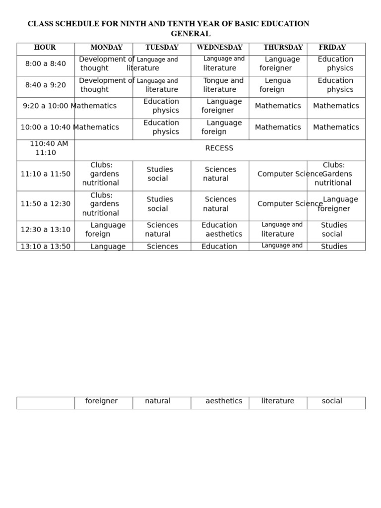 Schedule of Classes For Ninth and Tenth Year of General Basic Education ...