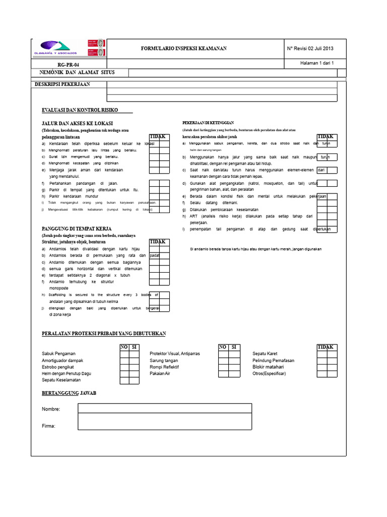 Formulir Inspeksi Keamanan Kerja | PDF