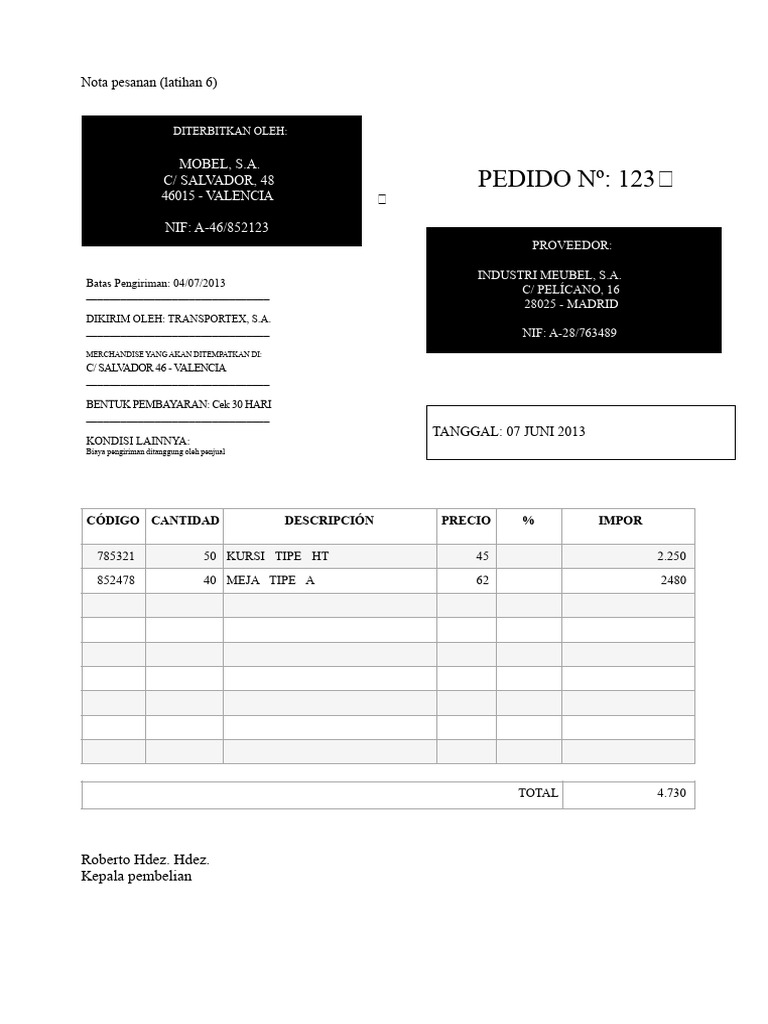Nota Pesanan Mobel S.A. 2013 | PDF