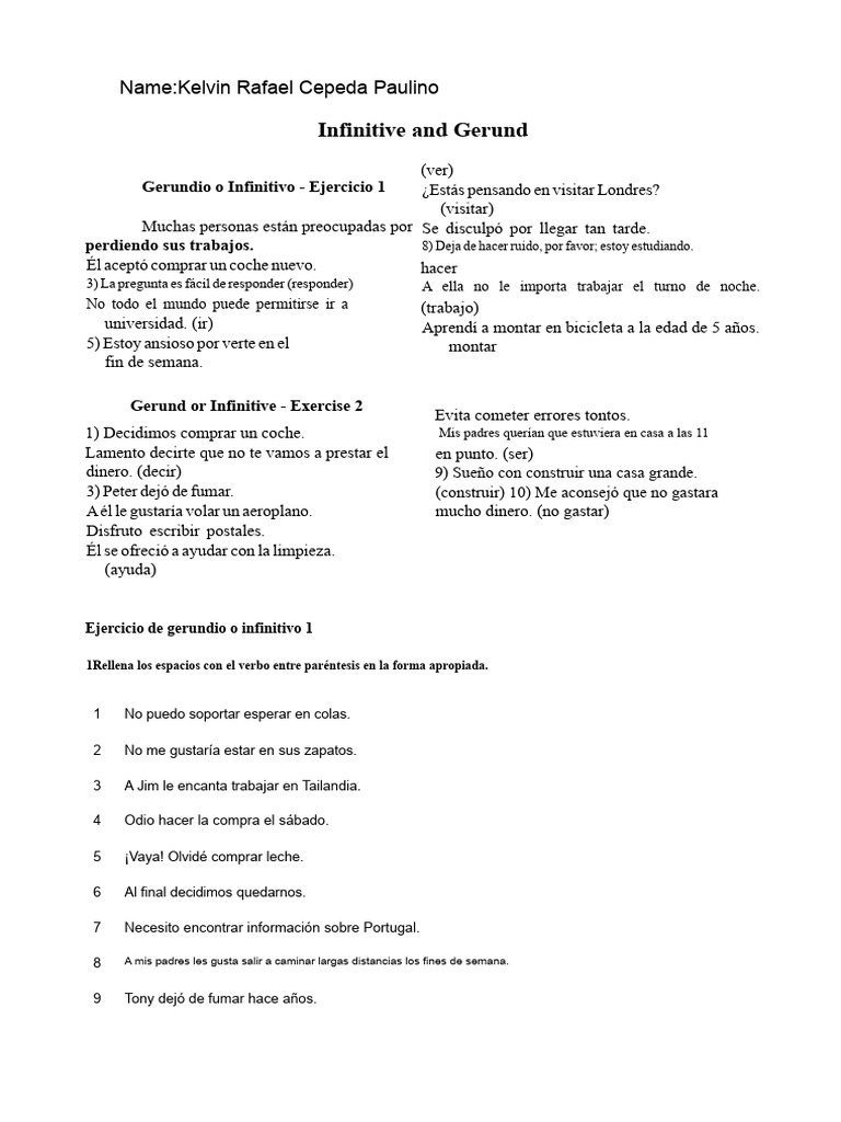 Ejercicios de Gerundio e Infinitivo | PDF