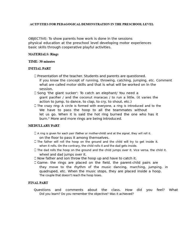 Activities for Pedagogical Showcase in Preschool Level | PDF