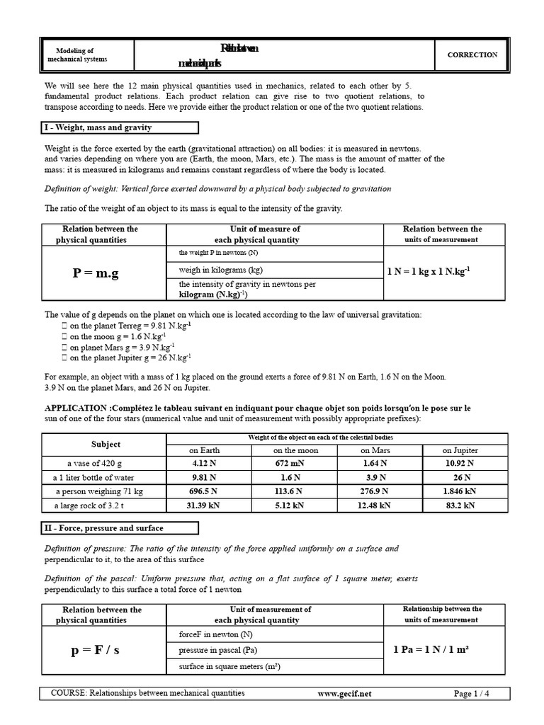 Mechanical Quantities Relations Correction | PDF | Weight | Mass
