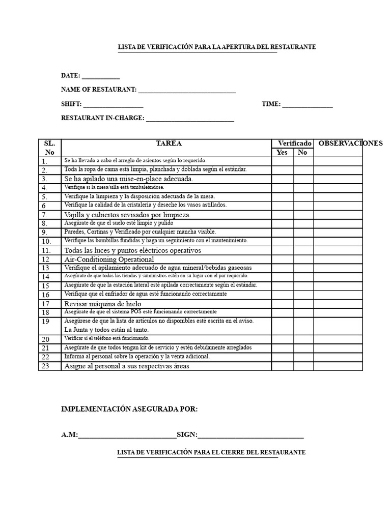 Checklist para Apertura y Cierre de Restaurante | PDF