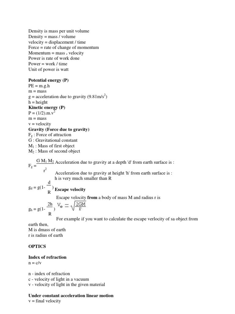 Physics Class 9 Formulas | PDF | Velocity | Force
