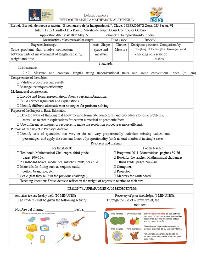 Third Grade Math Didactic Sequence | PDF | Weight | Mathematics