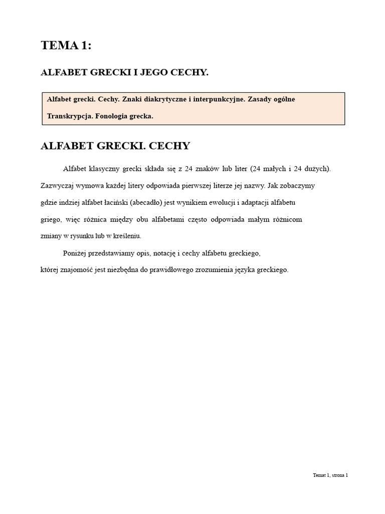Temat 1. Alfabet Grecki I Jego Charakterystyka | PDF