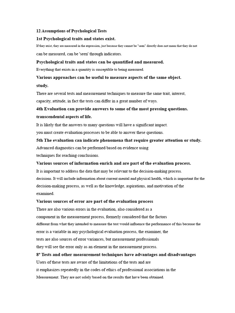 12 Assumptions of Psychological Tests | PDF | Psychology | Evaluation