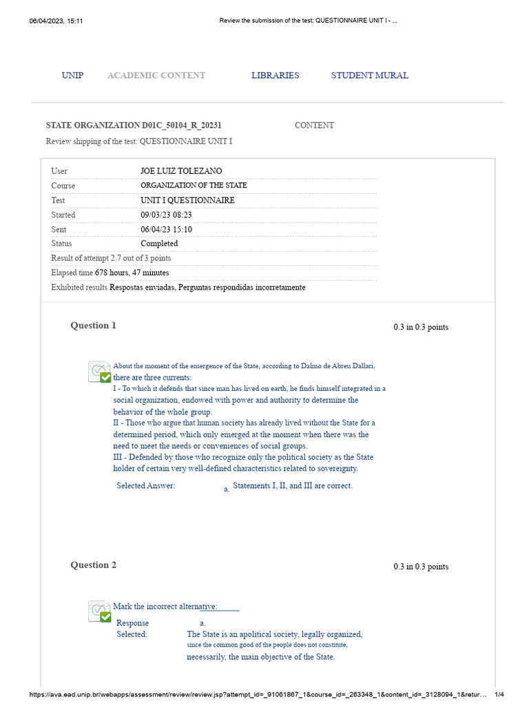 Organization of the State - Questionnaire I | PDF