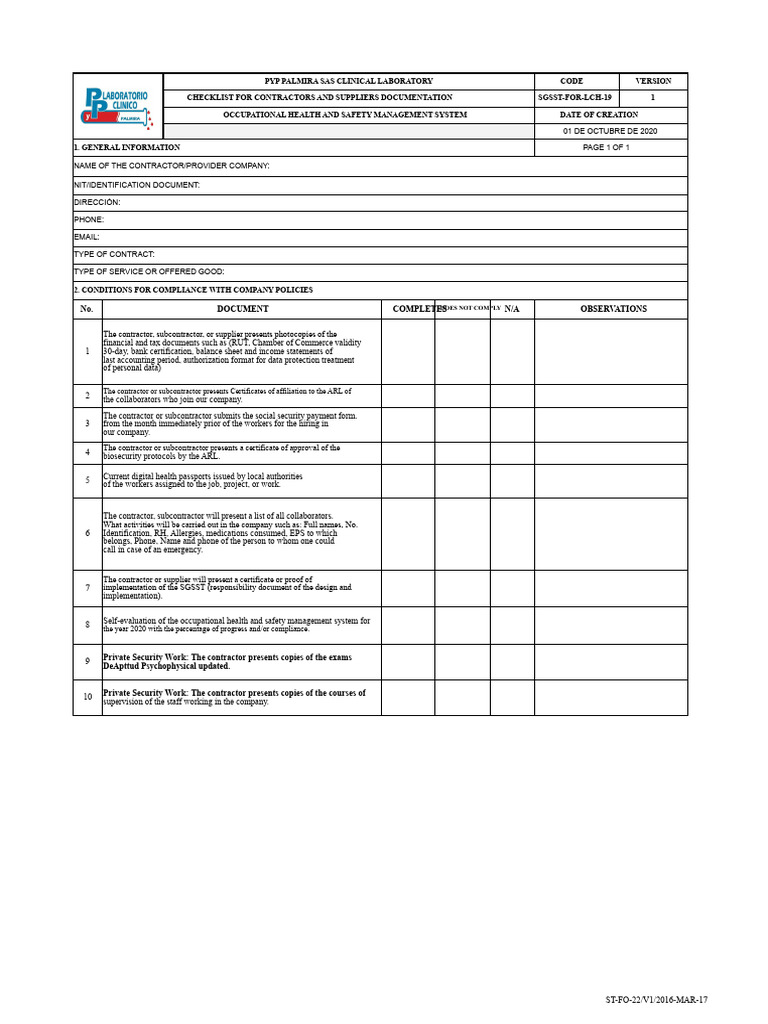 Supplier and Contractor Checklist Format | PDF | Occupational Safety ...