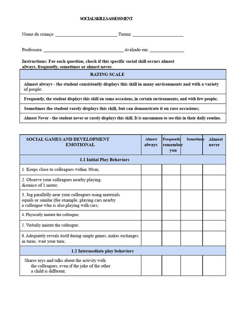 Social Skills Assessment for Children | PDF | Emotional Self Regulation ...